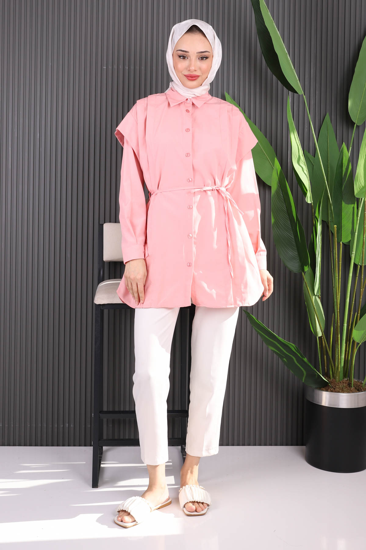 Pudra Bel Kuşaklı Omuz Detaylı Tunik