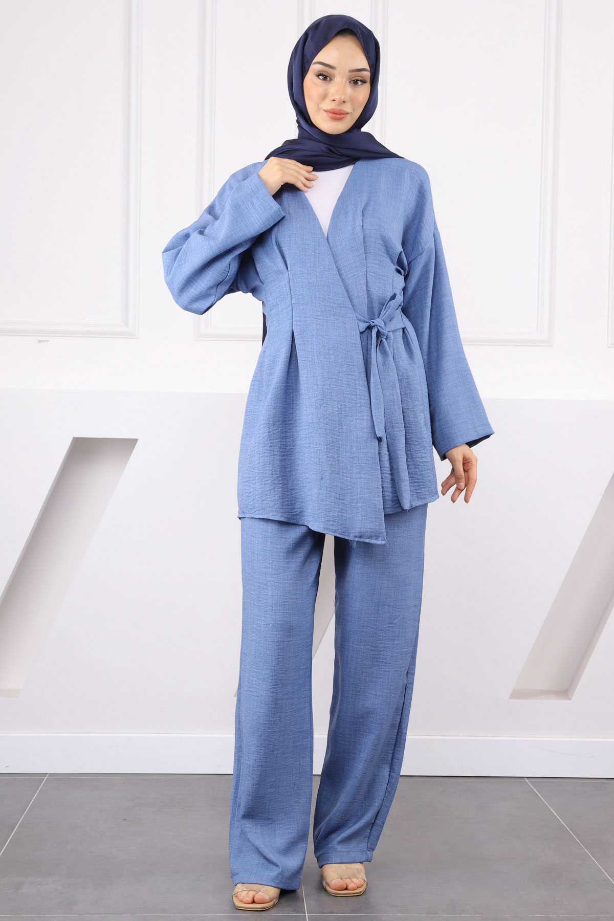 İndigo Çapraz Bağlamalı Keten Kimono Pantolon Takım